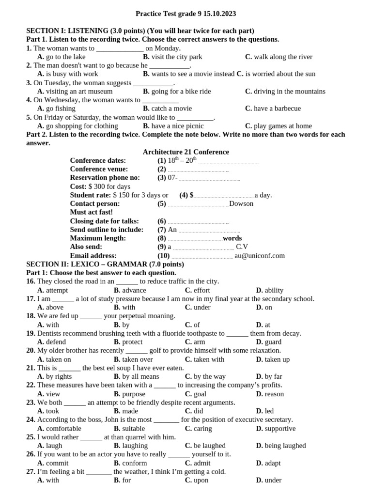 Practice Test Grade 9 15.10.2023 | PDF | Coffee | Bean
