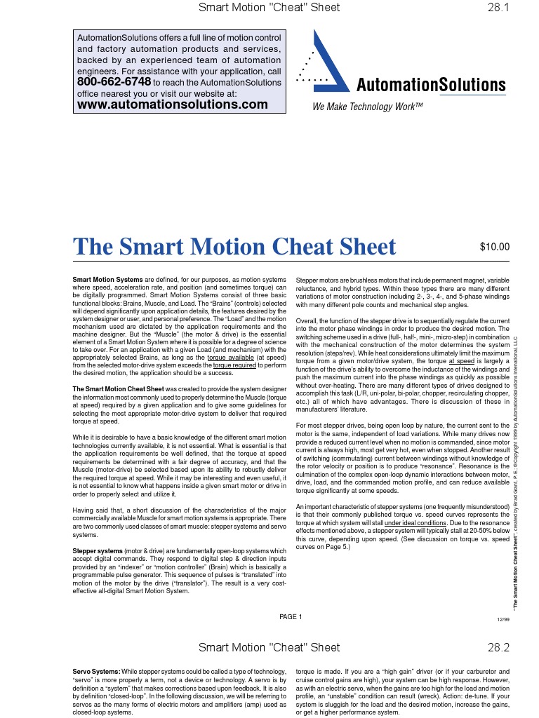 Smart Motion Cheat Sheet | PDF | Servomechanism | Torque