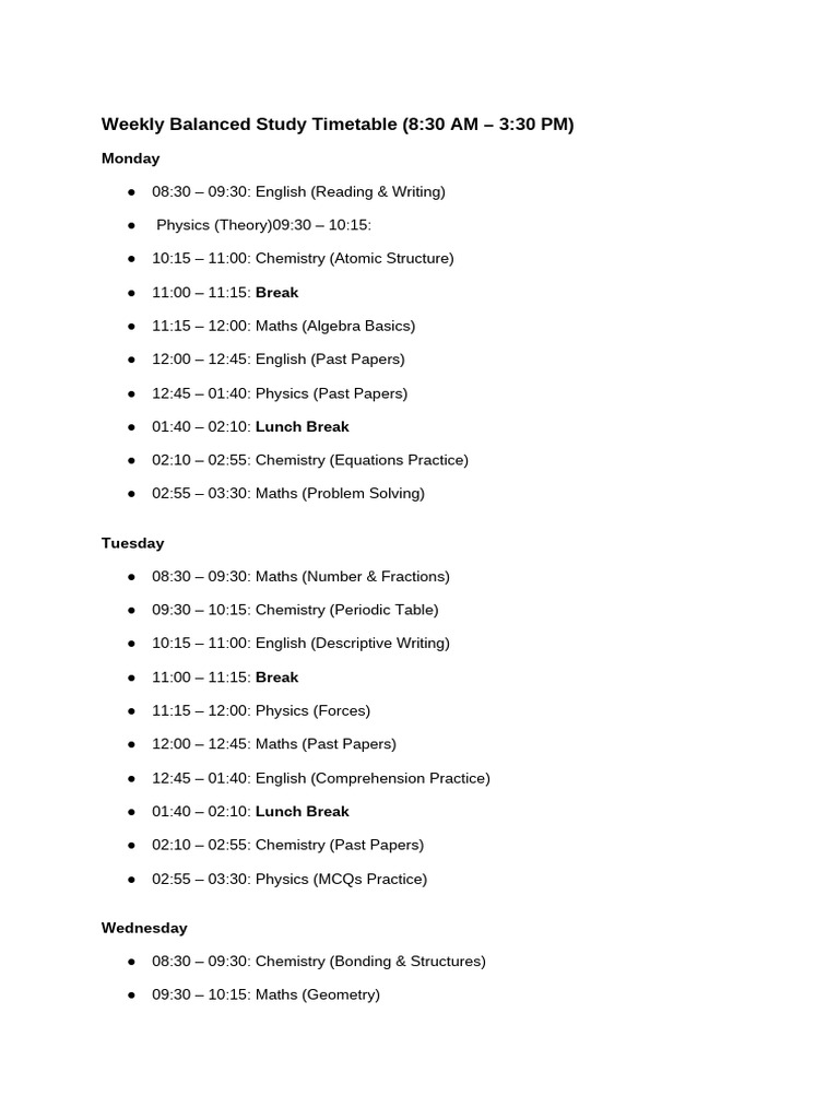 Weekly Balanced Study Timetable (8 - 30 AM - 3 - 30 PM) | PDF