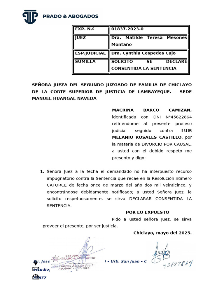Solicito Se Declare Consentida La Sentencia. | PDF
