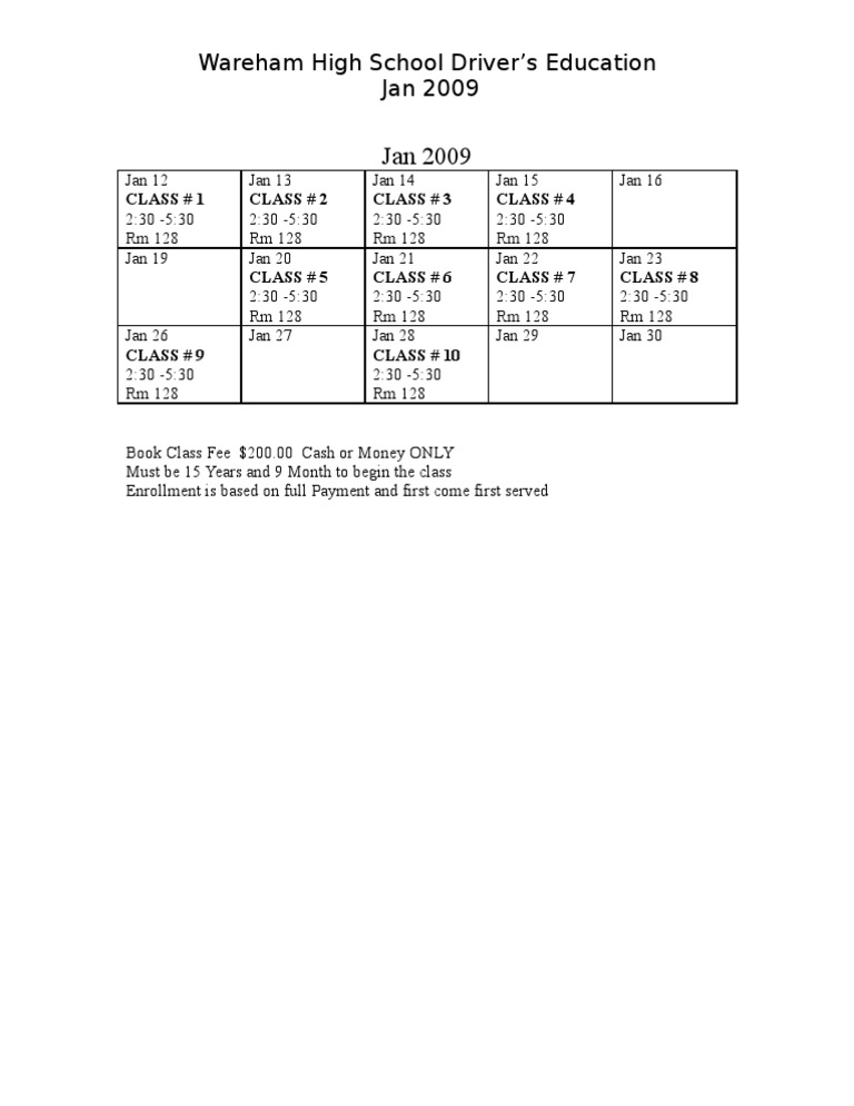 Wareham High School Driver's Ed Schedule | PDF