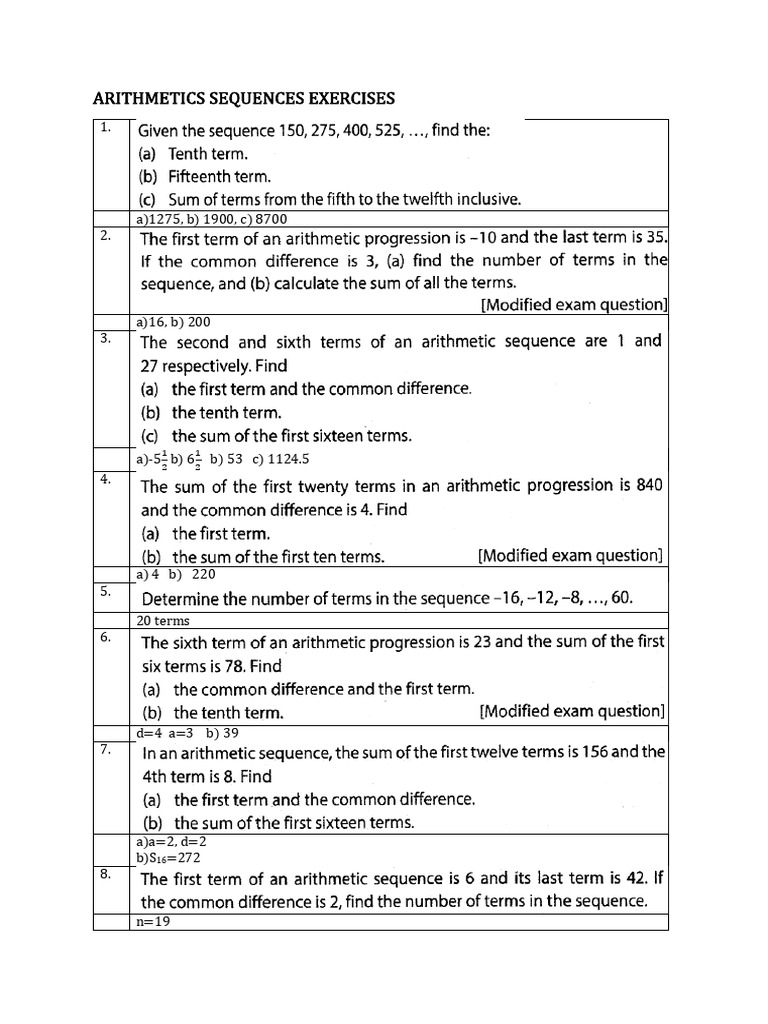 1 Arithmetics and Geometric Sequences Exercises Ans | PDF
