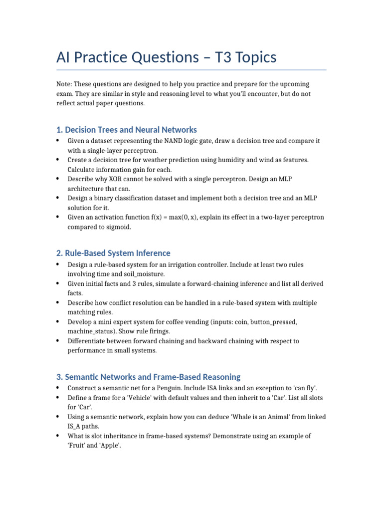 AI Exam Practice Questions: T3 Topics | PDF | Algorithms | Algorithms ...