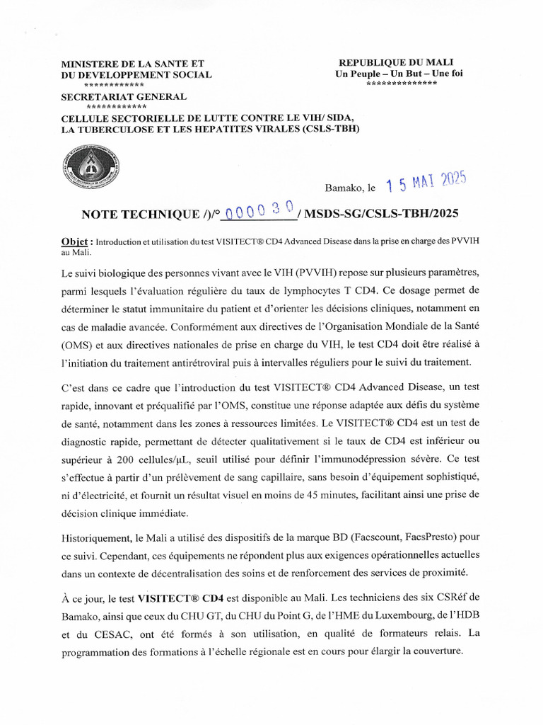 Note Technique Relative Ã L'introduction Du TDR VISITECTÂ® CD4 Advanced Disease Dans La Prise en ...