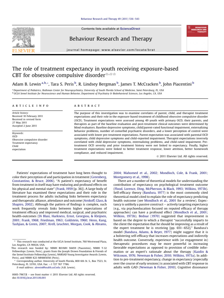 The Role of Treatment Expectancy in Youth Receiving Exposure-Based CBT ...