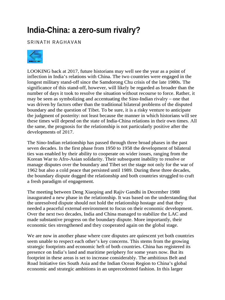 India China Srinath Raghvan Seminar 2018 | PDF | Global Politics | International Relations