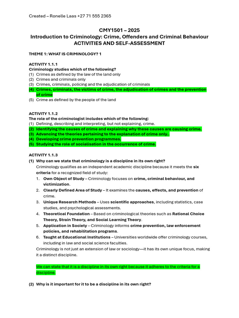 CMY1501 - Activities and Self Assesement | PDF | Crimes | Crime & Violence