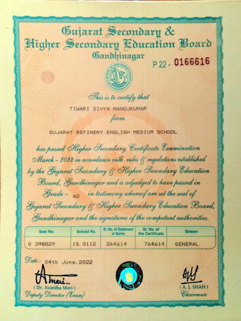 12th Passing Certificate - Gujarat Refinery | PDF