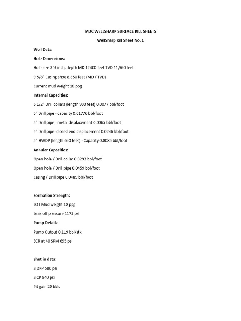 Iadc Wellsharp Surface Kill Sheets | PDF | Casing (Borehole) | Drill