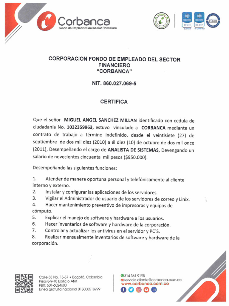 Certificacion Laboralmiguel Angel Sanchez | PDF