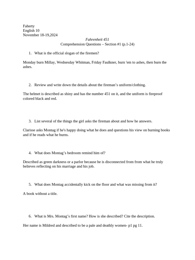 Fahrenheit 451 Part 1 Comprehension Guide | PDF