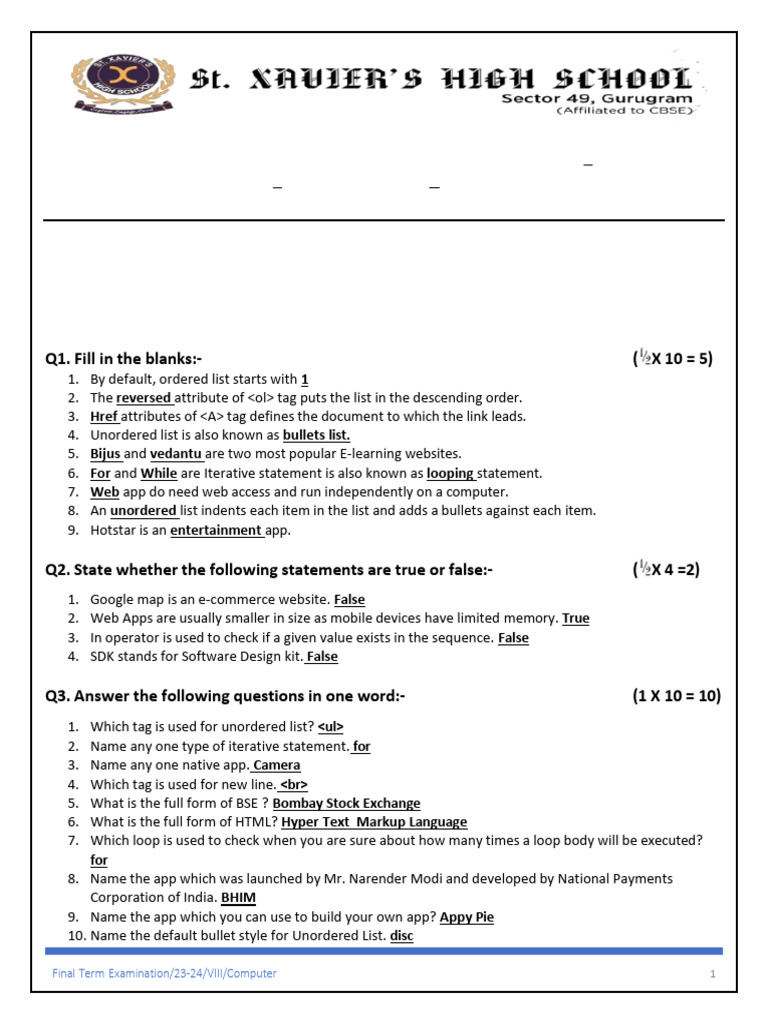 Computer - Grade 8 (Mock Paper) - Answer Key | PDF | Html Element ...