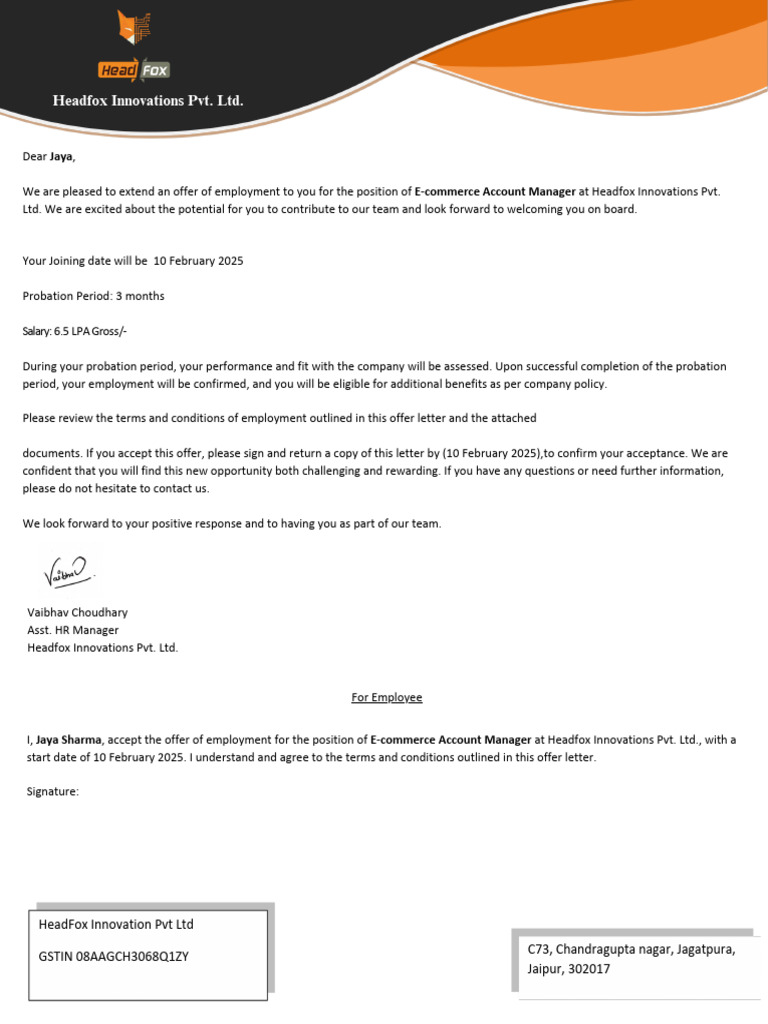 Jaya Sharma Offer - Letter | PDF