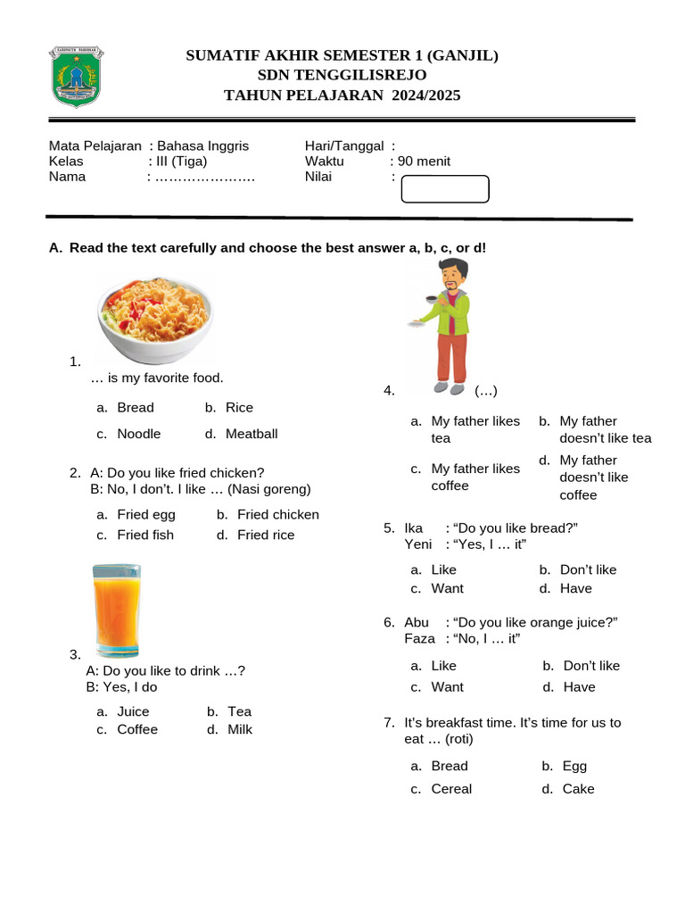 Soal Asas Ganjil Bing Kelas 3 | PDF | Eating Behaviors Of Humans | Asian Cuisine