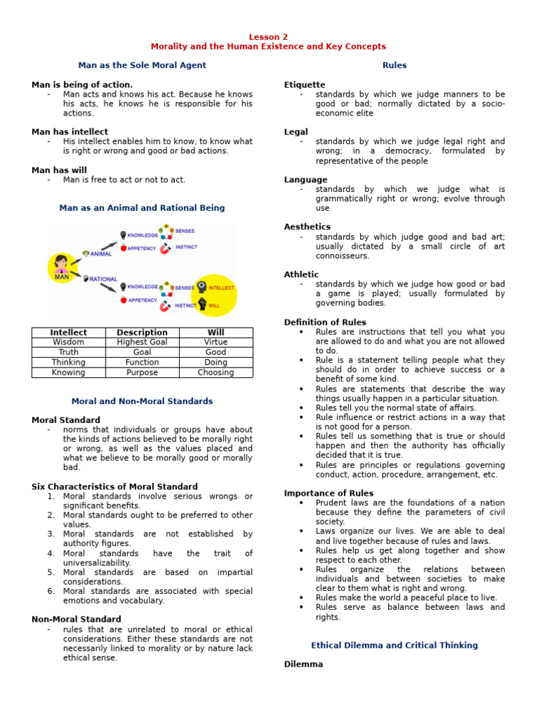 Lesson 2 - Morality and The Human Existence and Key Concepts | PDF | Free Will | Morality