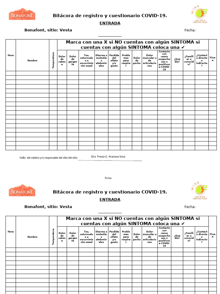 Bitácora de Registro Entrada-Salida para Protocolos de Control COVID-19 ...