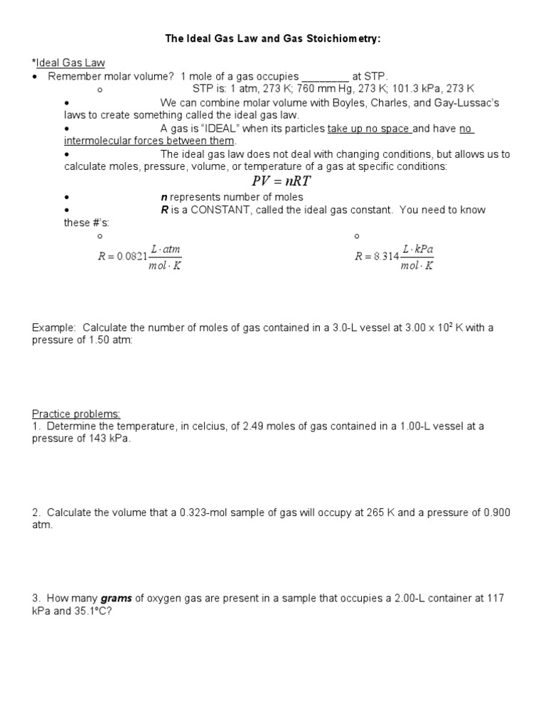 The Ideal Gas Law and Gas Stoichiometry Hon) | PDF | Gases | Mole (Unit)