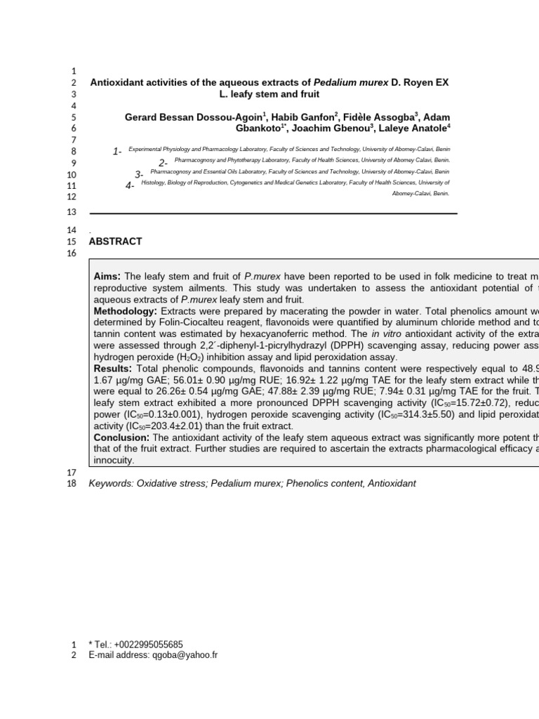 Antioxidant Activities of Aqueous Extracts of Pedalium Murex Leafy Stem and Fruit-3 | PDF ...