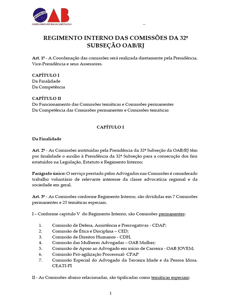 Regimento Interno das Comissões OAB/RJ | PDF | Advogado | Mediação