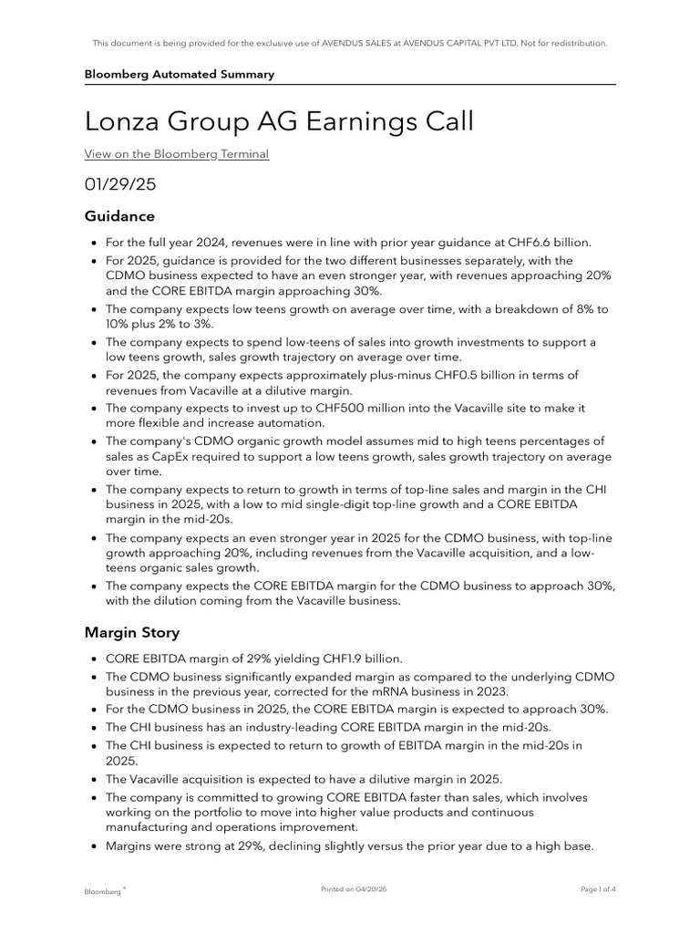 Lonza Group AG Earnings Call Summary | PDF | Dividend | Mergers And Acquisitions