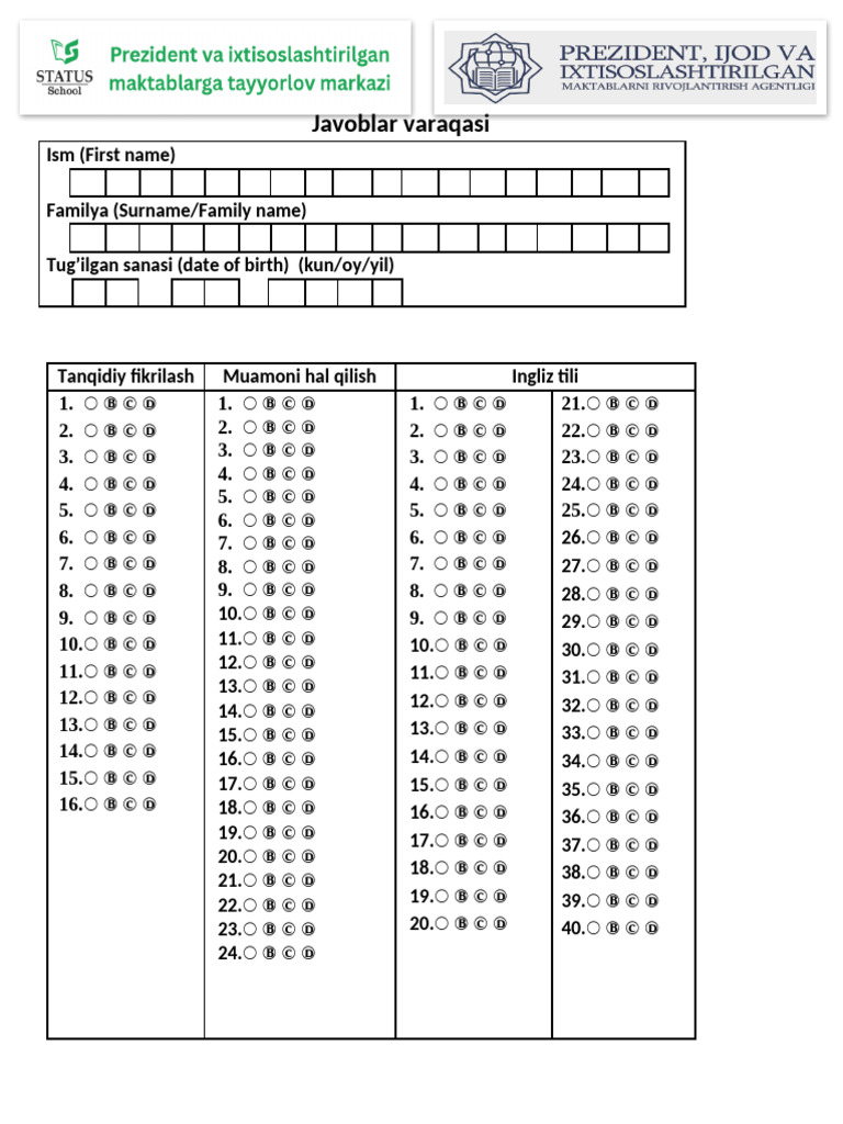 Answer Sheet For Main Exam | PDF