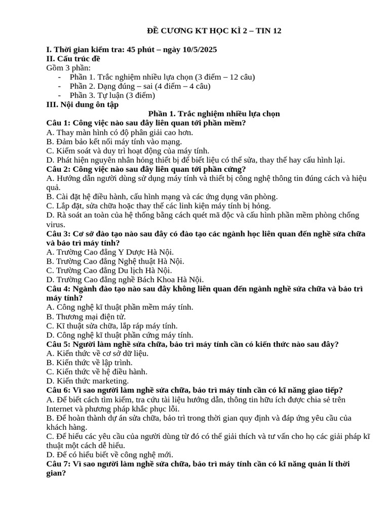 Đề cương TIN HK2-K12 | PDF