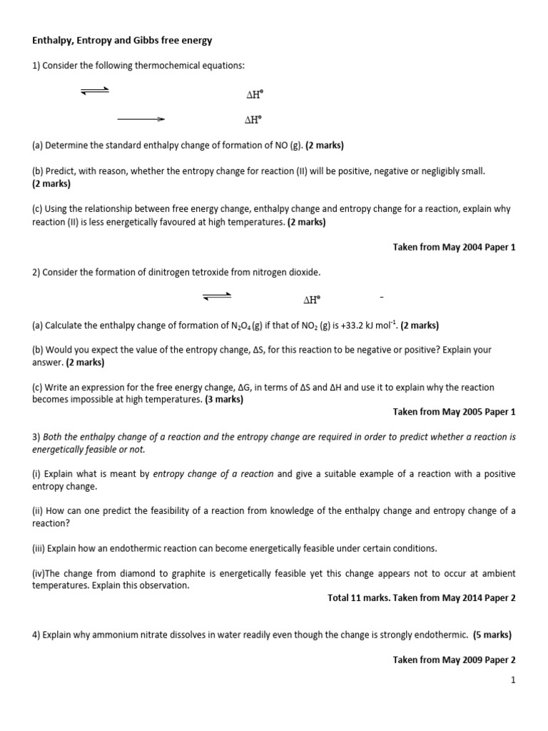 Enthalpy Entropy Gibbs Free Energy Worksheet | PDF | Gibbs Free Energy ...