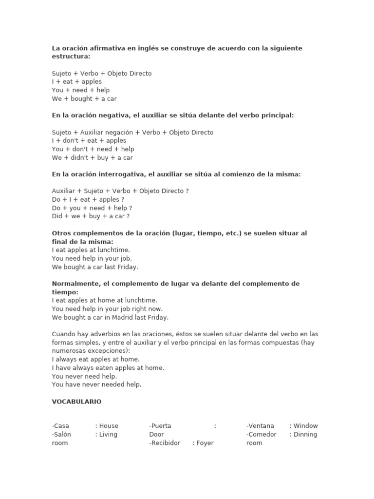 Estructura de oraciones en inglés | PDF | Objeto (gramática) | Lingüística