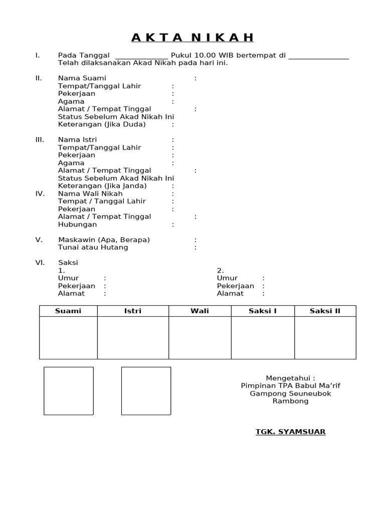 Contoh Akta Nikah dan Wali Janda | PDF