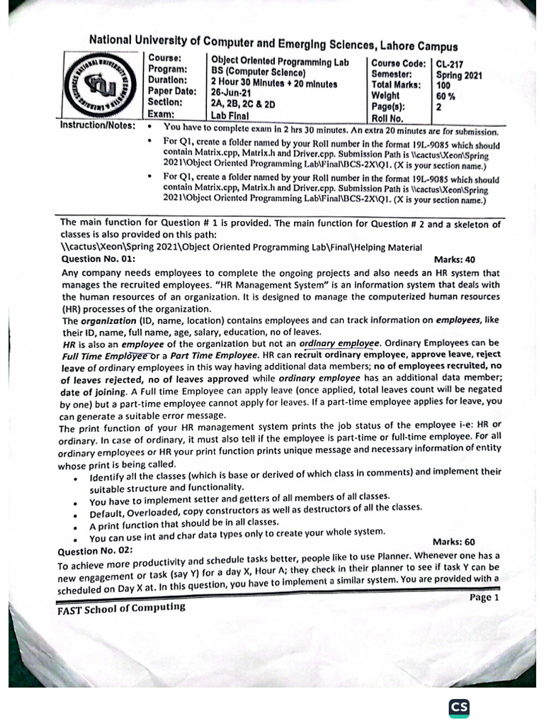 OOP Lab Finals Spring 2021 | PDF