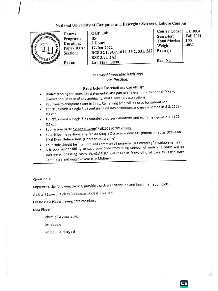 OOP Lab Finals Fall 2021 | PDF