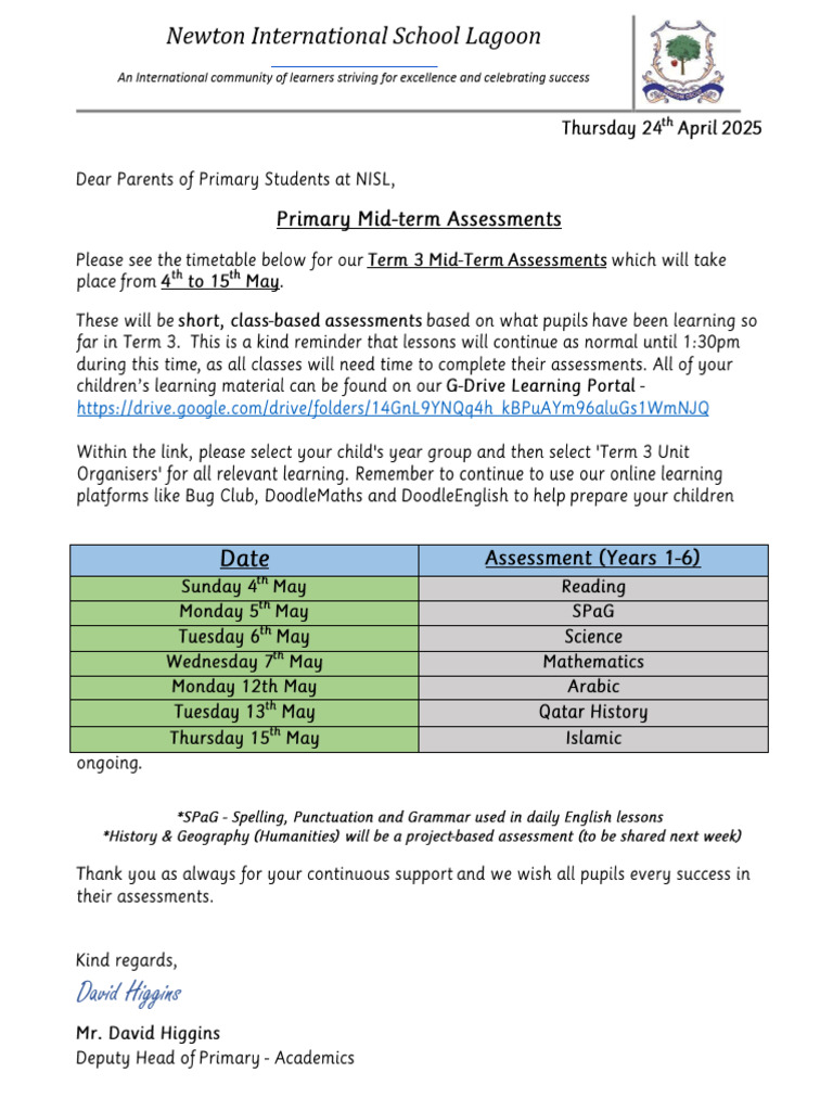 Y5 NISL Primary Assessment Letter MT3 Assessments 2024 - 25 | PDF