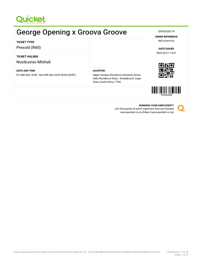 UCT Upper Campus Res - Tickets - Quicket | PDF