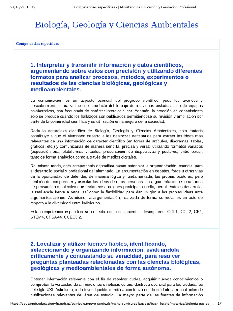 1º Biología, Geología y Ciencias Ambientales - Competencias Específicas | PDF | Entorno natural ...