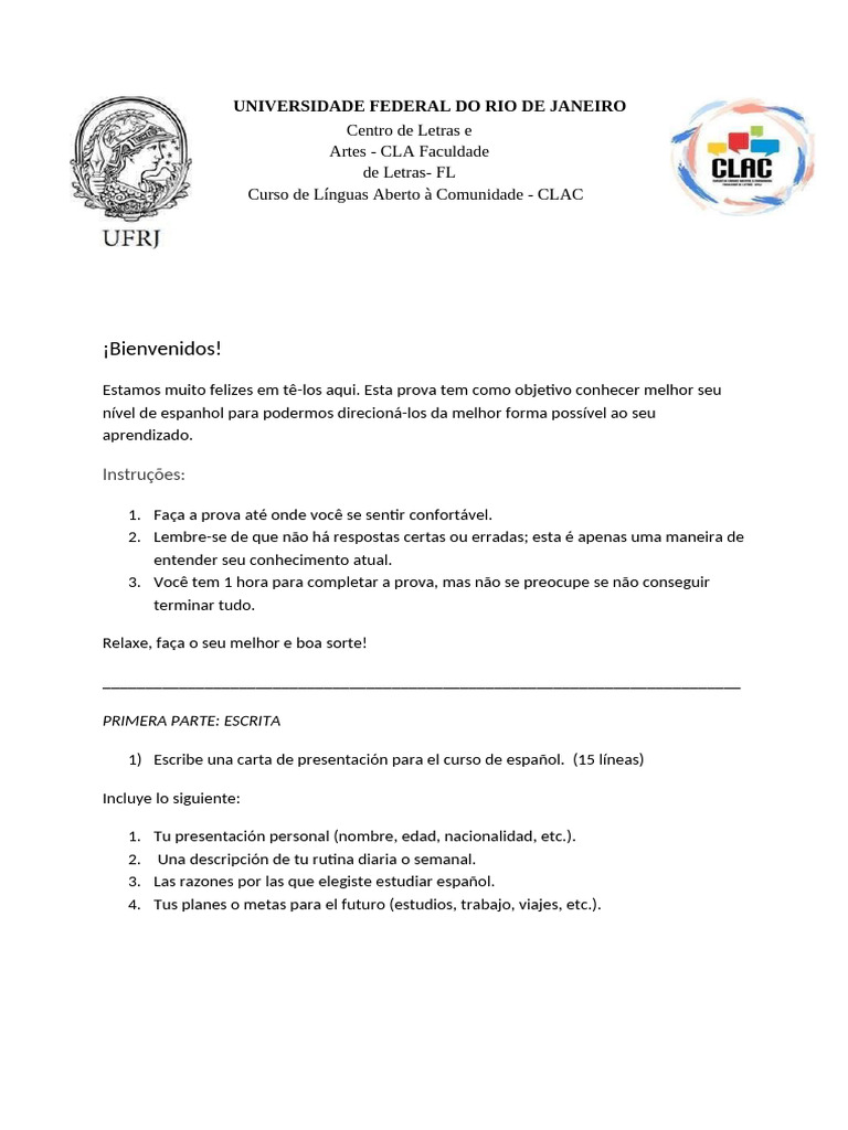 Prova de Nivelamento Online - Clac Espanhol | PDF