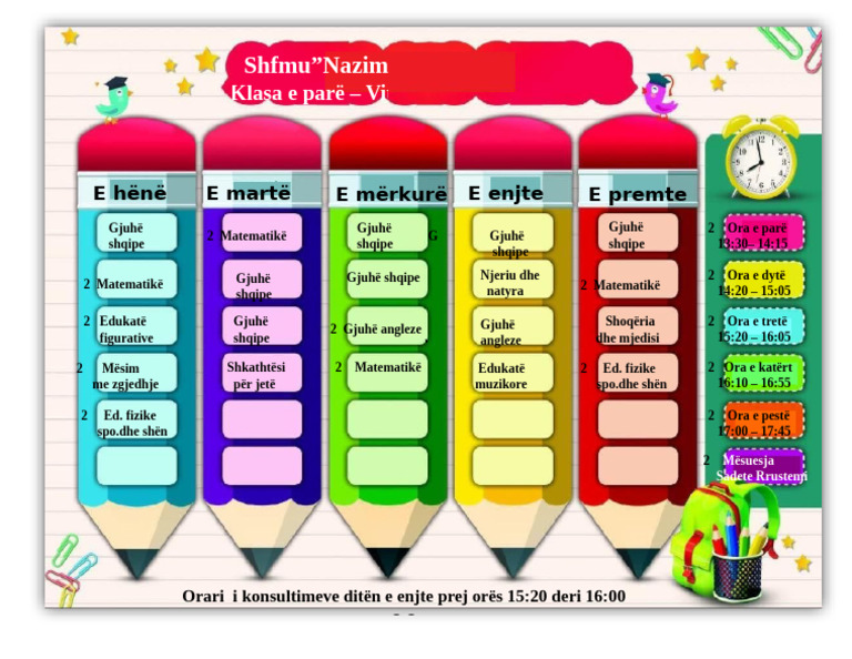 Orari-Mësimor-Klasa-E-Parë-2023-20241 4 | PDF