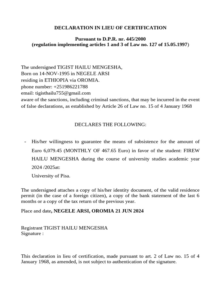 Declaration in Lieu of Certificatio1 | PDF