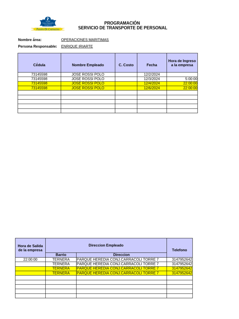 Formato Programacion de Transporte - SPRC | PDF