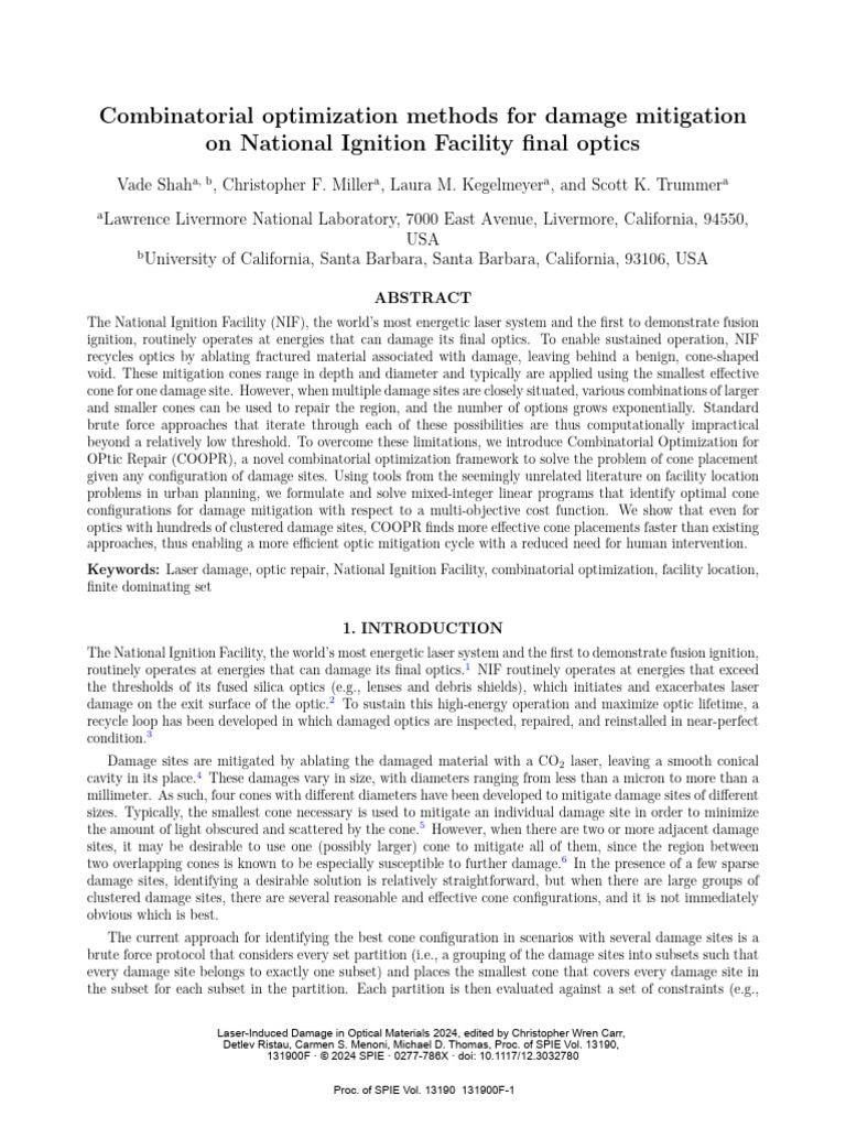 Combinatorial Optimization Methods For Damage Mitigation On National Ignition Facility Final ...