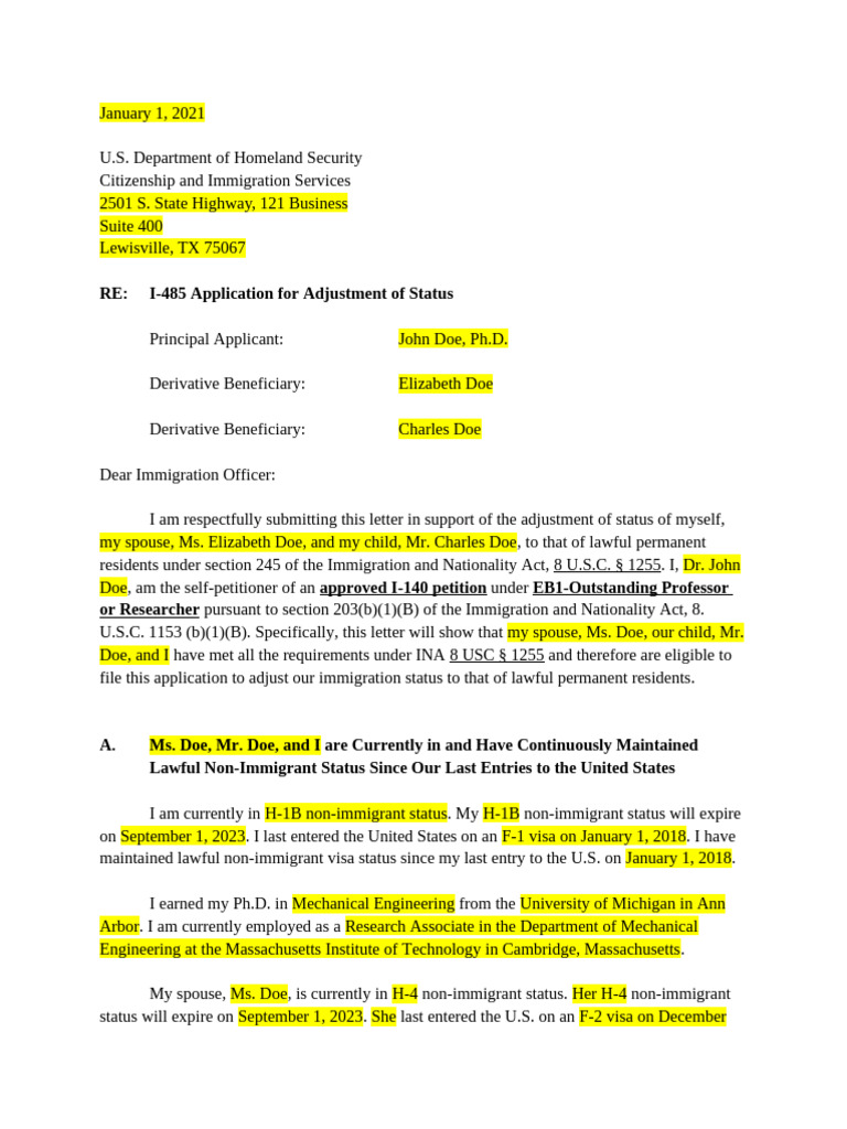 Sample I-485 Cover Letter - EB1B | PDF | H 1 B Visa | Immigration