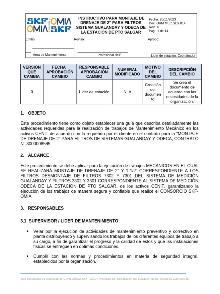 Procedimiento Montaje de Drenaje para Filtro 7302 y 7301 Est Pto Salgar | PDF