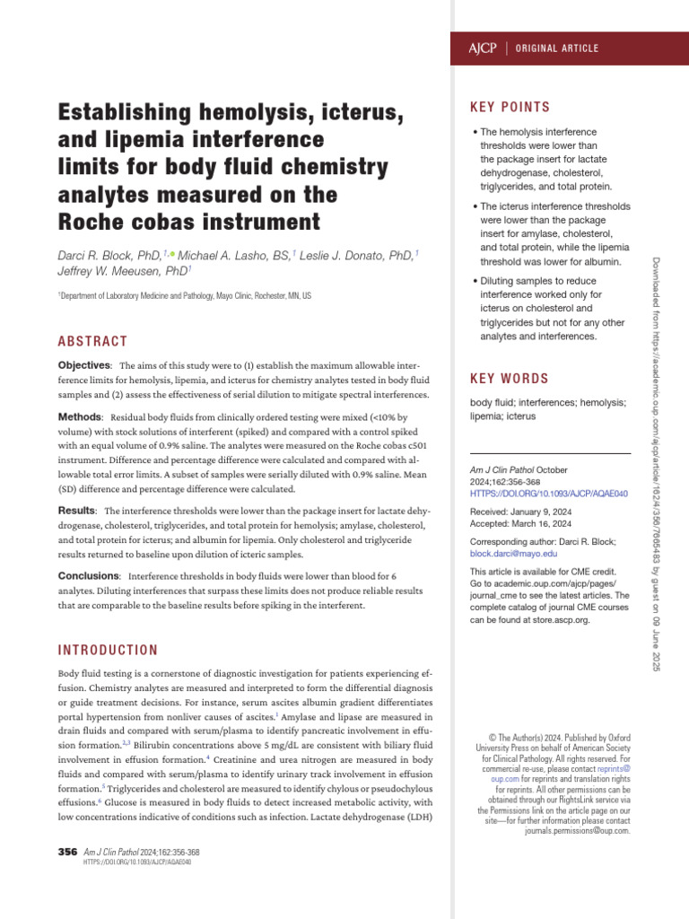 Establishing Hemolysis, Icterus, and Lipemia Interference Limits For Body Fluid Chemistry ...