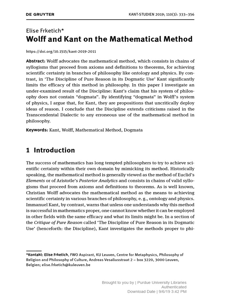 (Kant-Studien) Wolff and Kant On The Mathematical Method | PDF ...