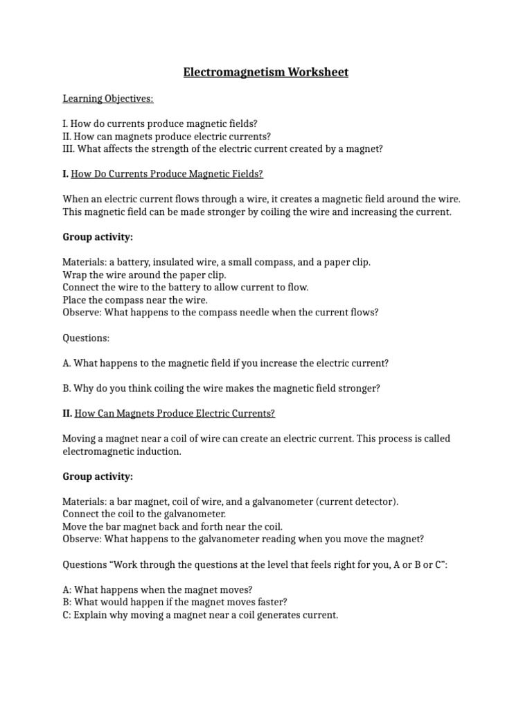 Electromagnetism Differentiated Worksheet | PDF | Magnetic Field | Magnet