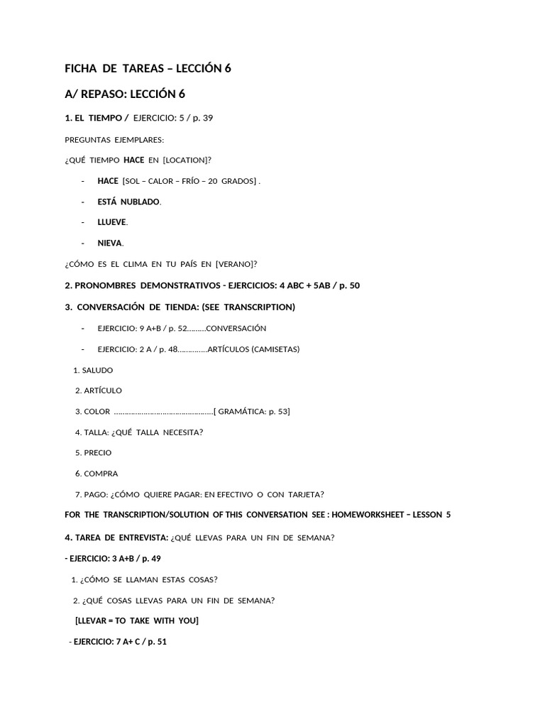 Spanish 1a-Ficha de Tareas - Lec. 6a | PDF