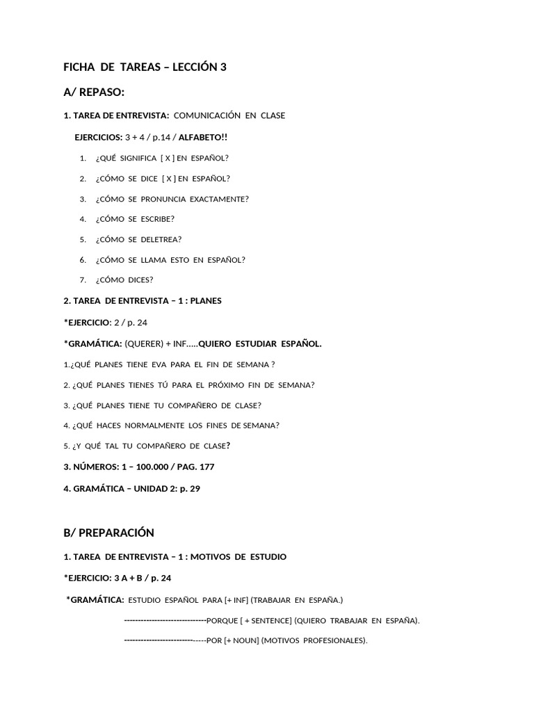 Spanish-1a-Ficha de Tareas - Lec. 3a | PDF