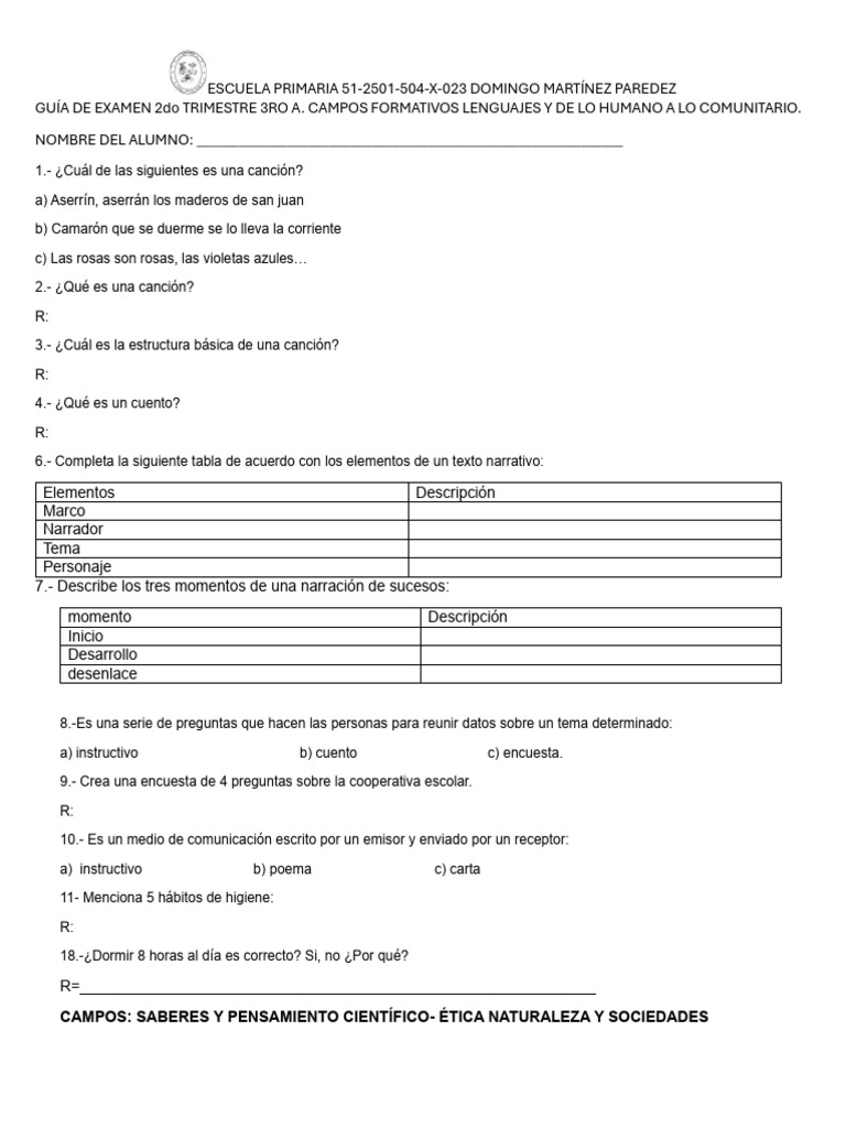 Guia de EXAMEN 2do TRIMESTRE 3RO A 2024-2025 | PDF