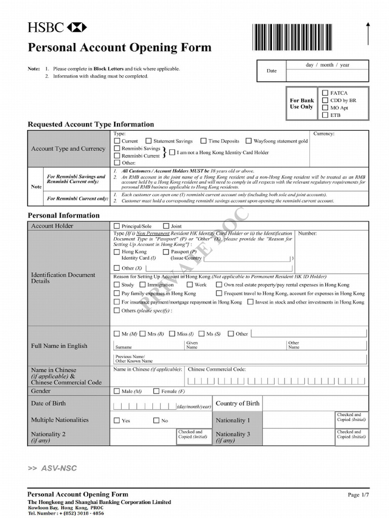HSBC Personal Account Opening Form | PDF