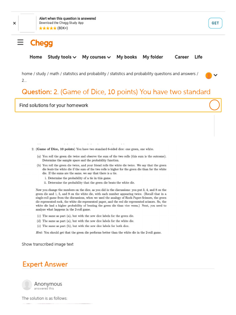 (Game of Dice, 10 Points) You Have Two Standard 6-Sided Dice: One Green ...