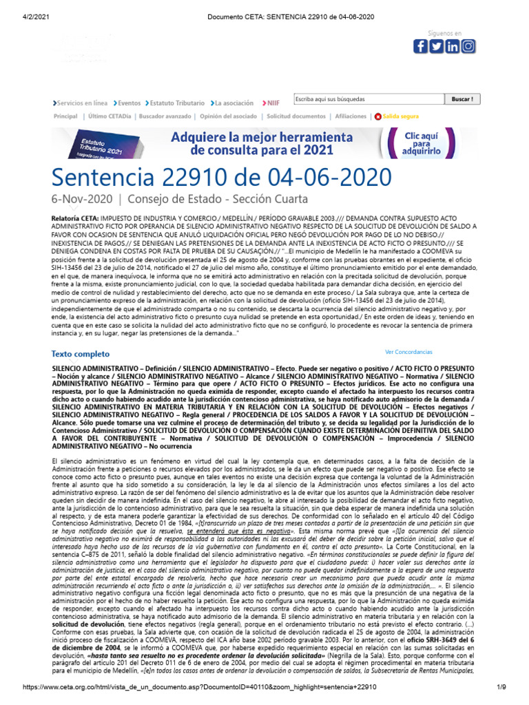 Consejo de Estado, Sección Cuarta - Sentencia Del 4 de Junio de 2020, Número Interno 22910 | PDF ...